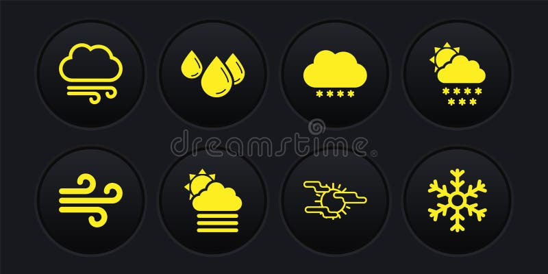 Set Wind, Cloud with Snow and Sun, Fog Cloud, and Water Drop Icon ...