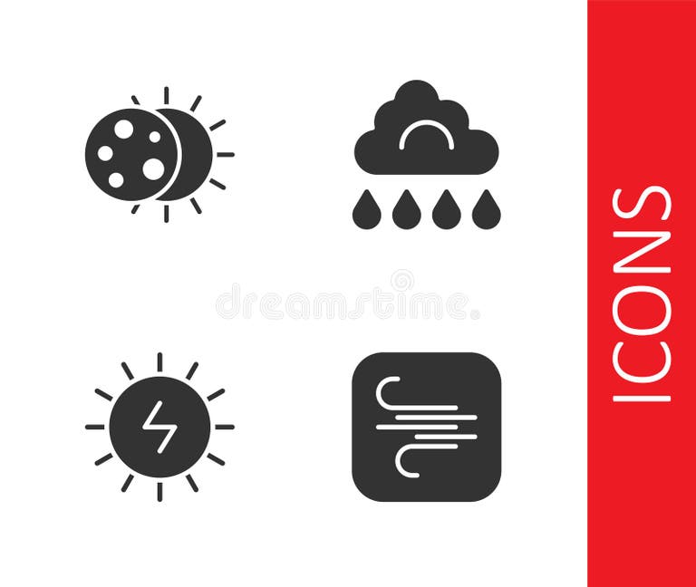 Set Wind, Eclipse of the Sun, Solar Energy Panel and Cloud with Rain ...