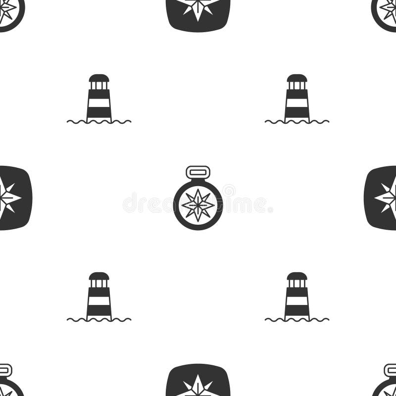 Set Wind Rose, Compass and Lighthouse on Seamless Pattern. Vector Stock ...
