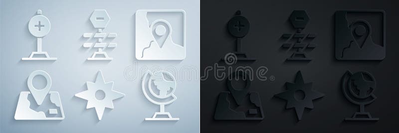 Set Wind Rose, Folded Map with Location Marker, Earth Globe, Road ... Set Wind Rose, Folded Map with Location Marker, Earth Globe, Road ...