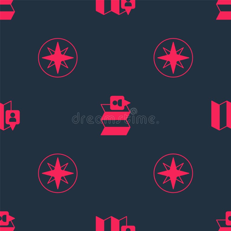 Set Wind Rose and Folded Map with Location Marker on Seamless Pattern ...