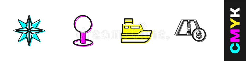 Set Wind Rose, Push Pin, Ship Line Path and Toll Road Traffic Sign Icon ...