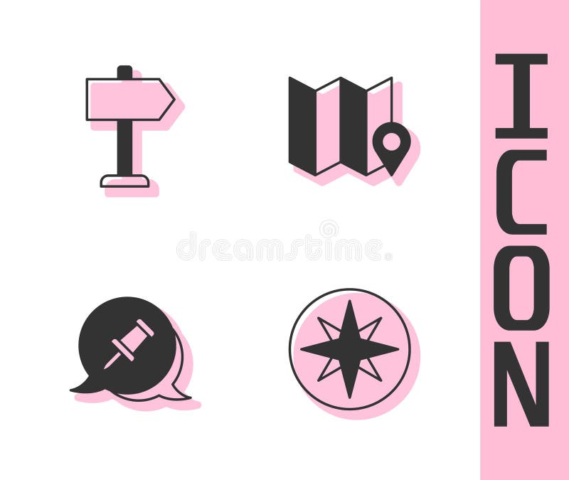 Set Wind Rose, Road Traffic Sign, Push Pin and Folded Map with Location ...