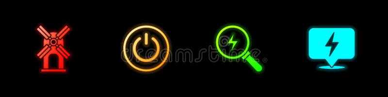 Set Wind Turbine, Power Button, Lightning Bolt and Icon. Vector Stock ...