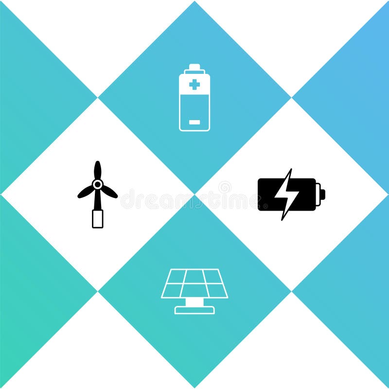 Set Wind Turbine, Solar Energy Panel, Battery and Icon. Vector Stock ...