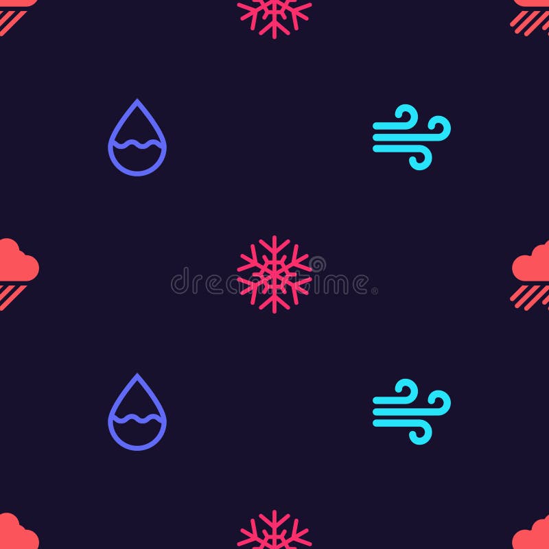 Set Wind, Water Drop, Snowflake and Cloud with Rain on Seamless Pattern ...