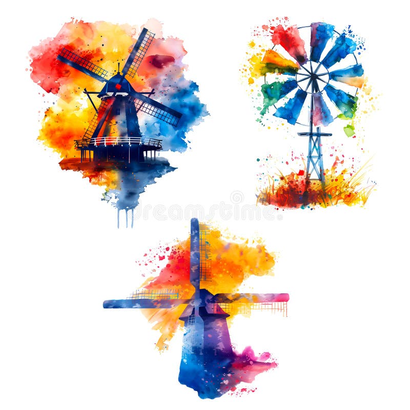 Set of Windmill Illustrations on White Background Stock Illustration ...