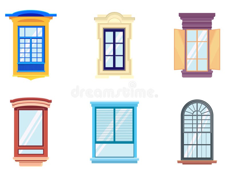 Set of Windows in Cartoon Style. Stock Vector - Illustration of bright ...