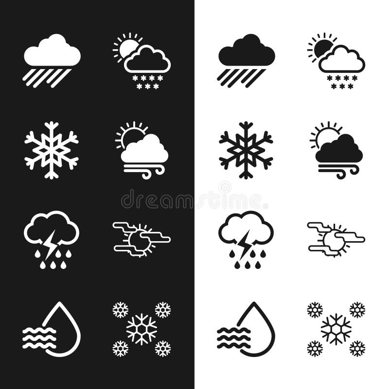 Set Windy Weather, Snowflake, Cloud with Rain, Snow and Sun, Lightning ...