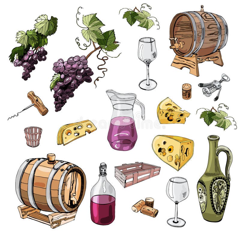 Set of Wine Product Elements.Hand Drawn Sketch Objects in Retro Style ...
