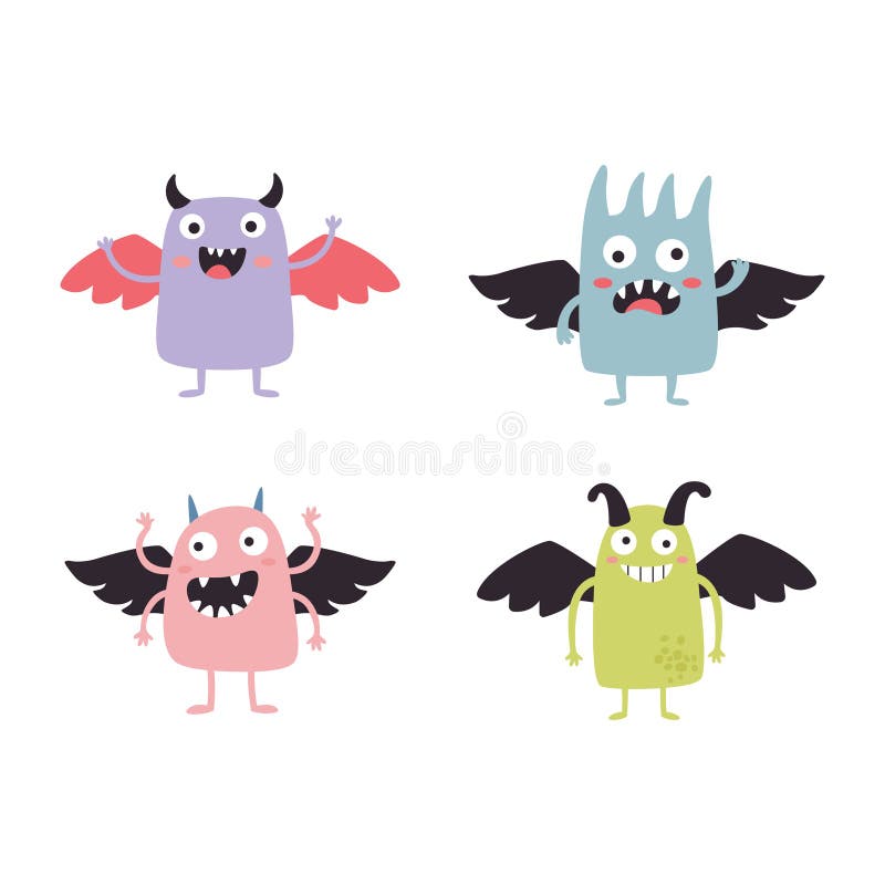 Set of Winged Cute Crazy Ugly Monster Cartoon Character with Humor ...