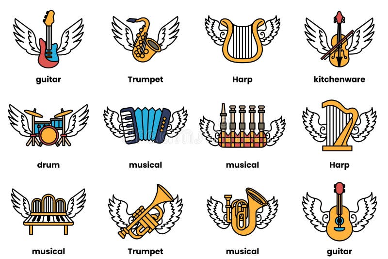 Set of Winged Musical Instruments Illustrations in Line Art Style Stock ...