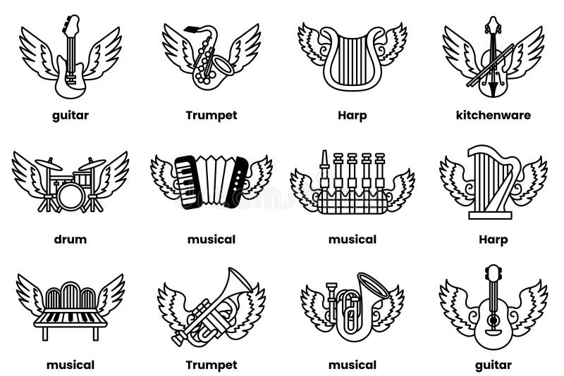 Set of Winged Musical Instruments Illustrations in Line Art Style Stock ...