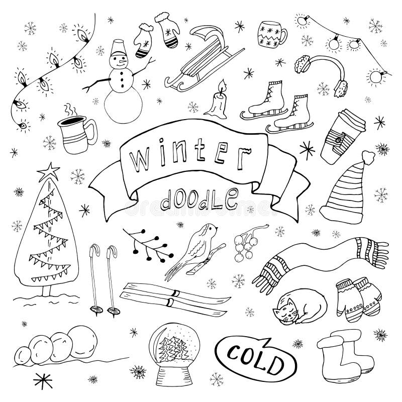 Winter Elements Drawn in a Doodles Style. Stock Vector - Illustration ...