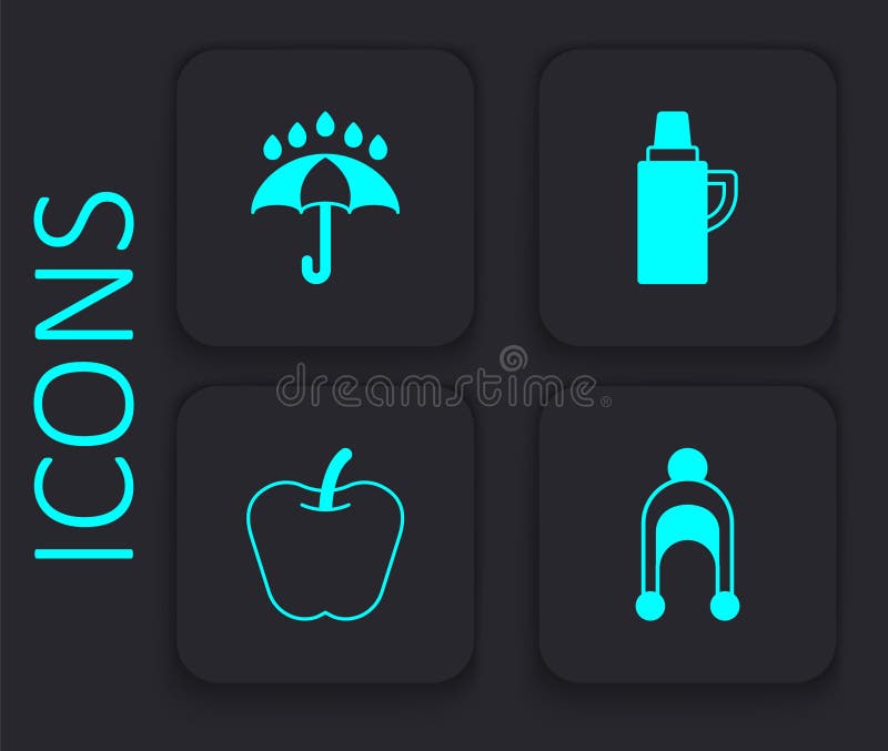 Set Winter Hat, Umbrella and Rain Drops, Thermos Container and Apple ...