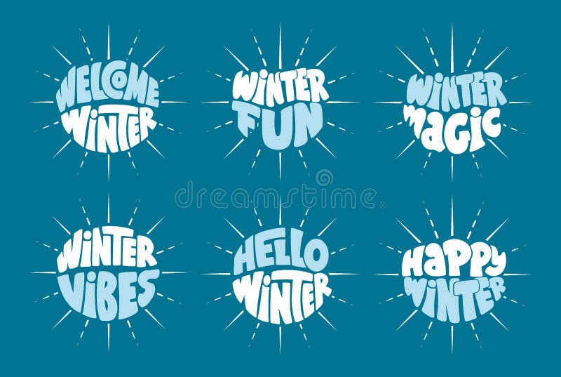 Set of Winter Lettering Quotes with Rays on the Blue Background Stock ...