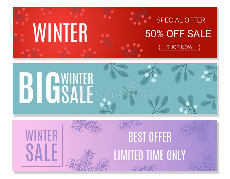 Set of Winter Sale Horizontal Banners Template. Discount Text with ...
