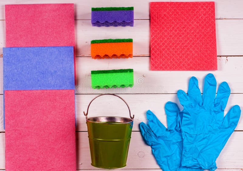A Set of Wipes, Sponges, Buckets for Cleaning. Stock Photo - Image of ...