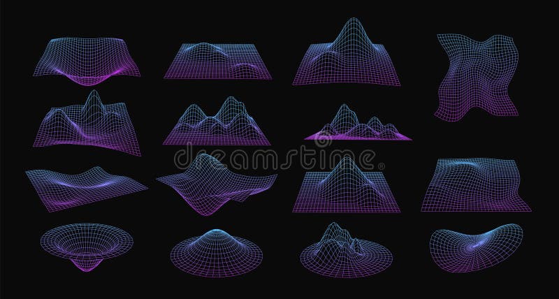 Set of Wireframe Curved Perspective Grid Shapes Illustrations in Pink ...