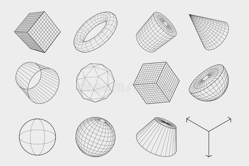 Set of Wireframe Polygonal Elements. Geometric 3D Objects with ...