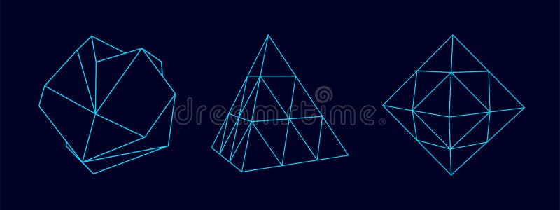 Set of Wireframe Sphere, Pyramid and Cube from Different Sides. Vector ...