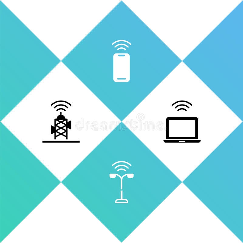 Set Wireless Antenna, Smart Street Light, Smartphone and Laptop Icon ...