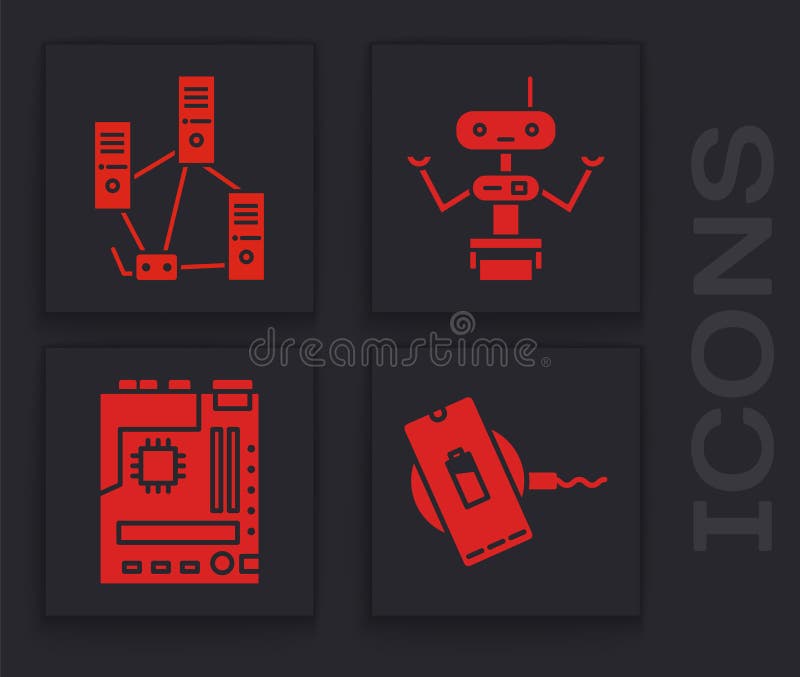 Set Wireless Charger, Computer Network, Robot and Motherboard Icon ...