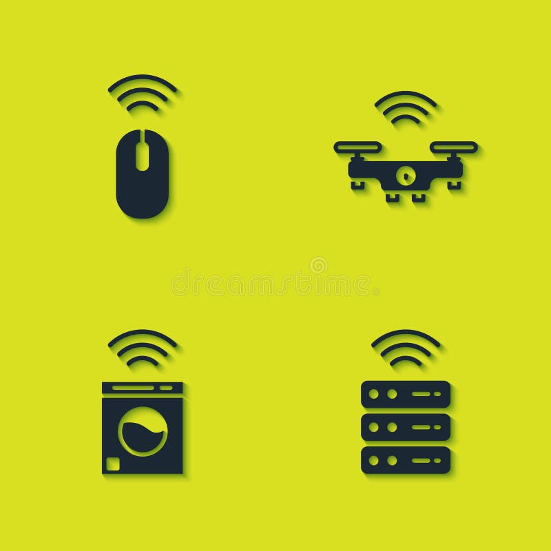 Set Wireless Mouse, Smart Server, Washer and Drone Icon. Vector Stock ...
