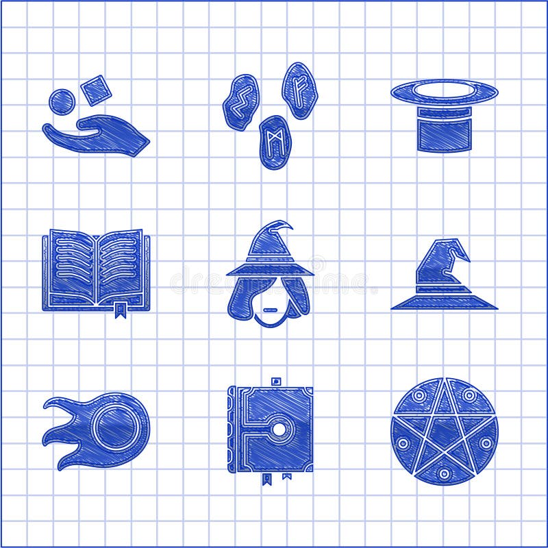 Set Witch, Ancient Magic Book, Pentagram in Circle, Hat, Fireball ...