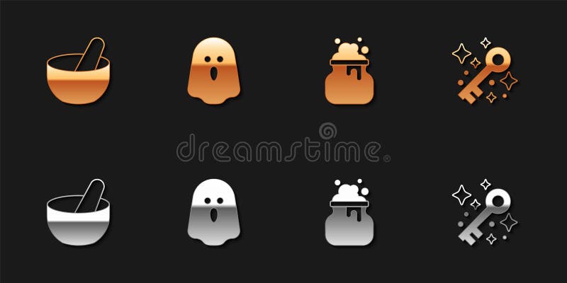 Set Witch Cauldron, Ghost, and Old Magic Key Icon. Vector Stock ...
