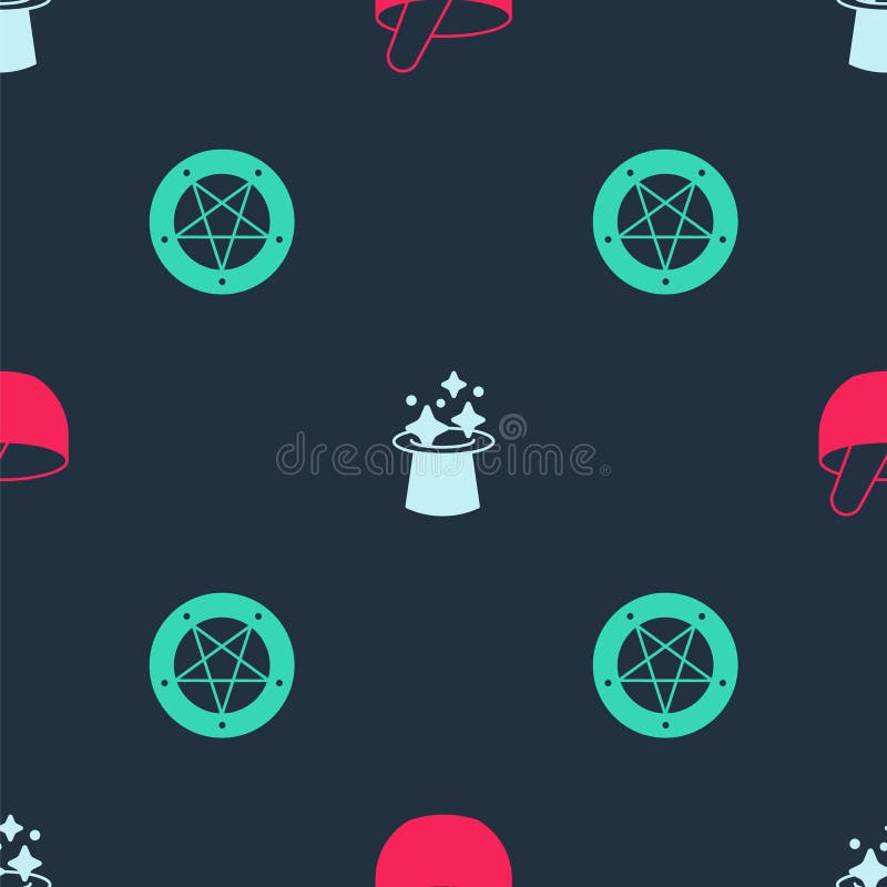 Set Witch Cauldron, Magic Hat and Pentagram in Circle on Seamless ...