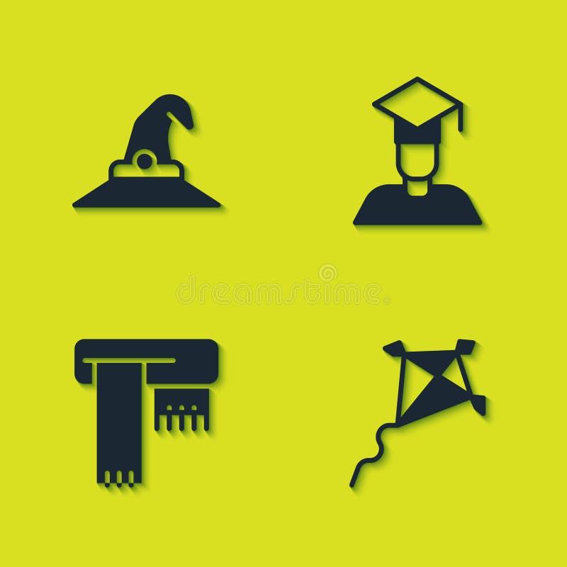 Set Witch Hat, Kite, Winter Scarf and Graduate and Graduation Cap Icon ...