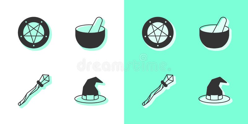 Set Witch Hat, Pentagram in Circle, Magic Staff and Cauldron Icon ...