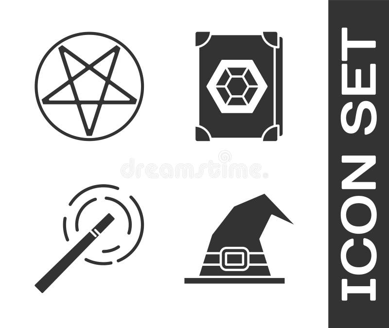 Set Witch Hat, Pentagram in a Circle, Magic Wand and Ancient Magic Book ...