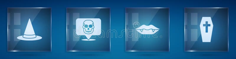 Set Witch Hat, Skull, Vampire Teeth and Coffin with Cross. Square Glass ...