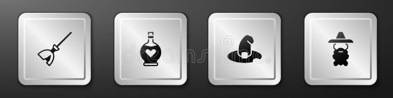 Set Witches Broom, Bottle with Love Potion, Hat and Wizard Warlock Icon ...