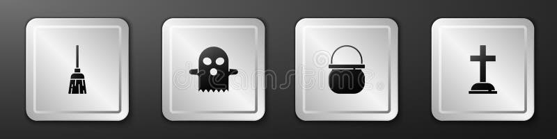 Set Witches Broom, Ghost, Halloween Witch Cauldron and Tombstone with ...