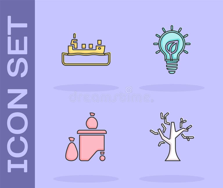 Set Withered Tree, Oil Tanker Ship, Full Dustbin and Light Bulb with ...