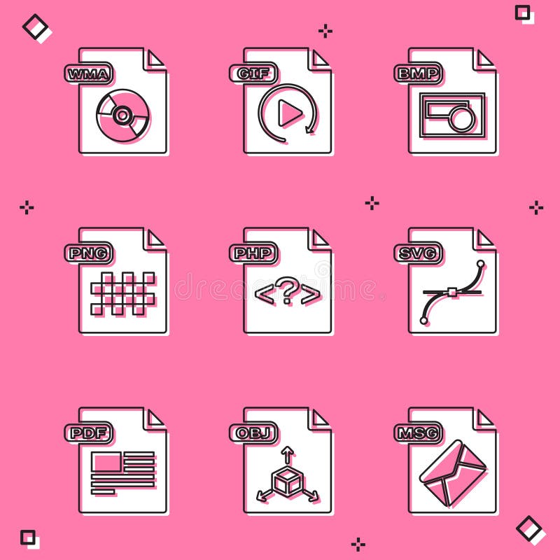 Set Wma Datei Dokument Gif Bmp Png Php Svg Pdf Und Obj Symbol. Vektor ... Set Wma Datei Dokument Gif Bmp Png Php Svg Pdf Und Obj Symbol. Vektor ...