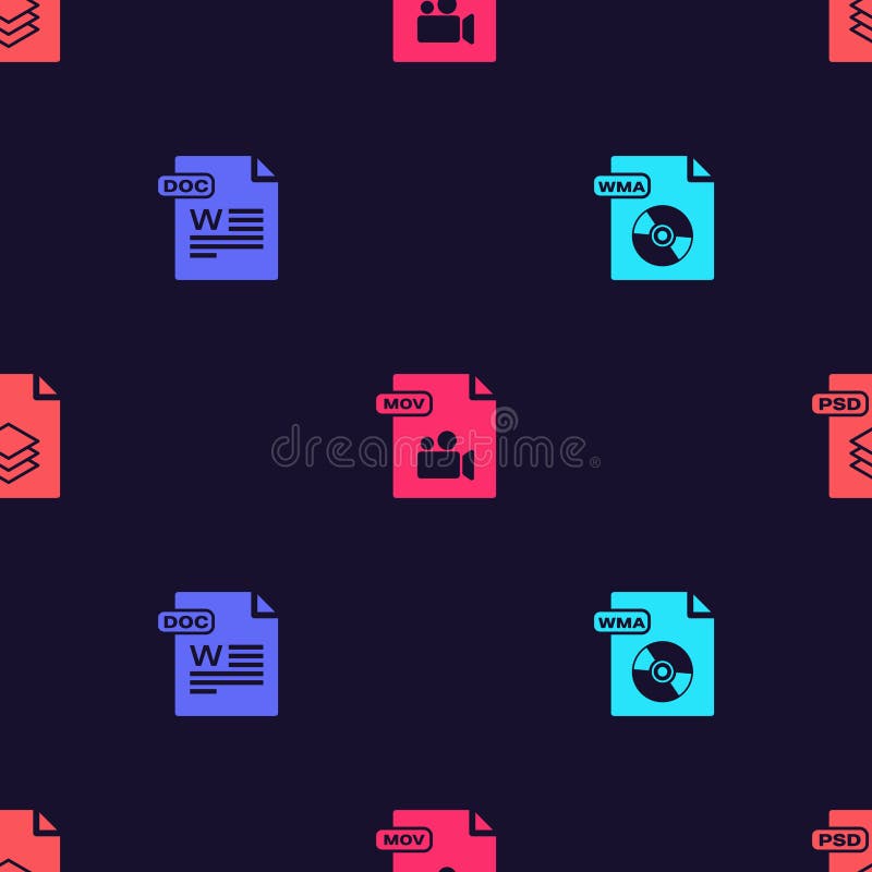 Set WMA File Document, DOC, MOV and PSD on Seamless Pattern. Vector ... Set WMA File Document, DOC, MOV and PSD on Seamless Pattern. Vector ...