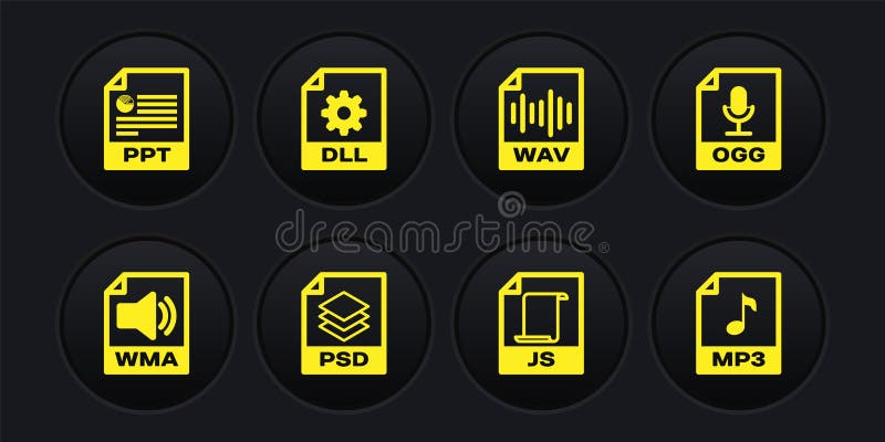 Set WMA File Document, OGG, PSD, JS, WAV and DLL Icon. Vector Stock ... Set WMA File Document, OGG, PSD, JS, WAV and DLL Icon. Vector Stock ...