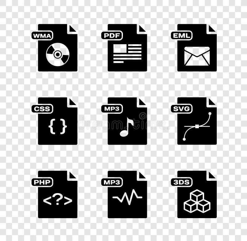 Set WMA File Document, PDF, EML, PHP, MP3, 3DS, CSS and Icon. Vector Stock Vector - Illustration ...