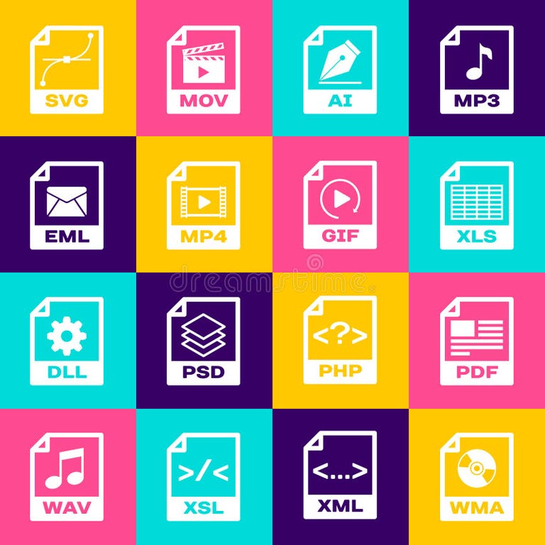 Set WMA File Document, PDF, XLS, AI, MP4 and EML Icon. Vector Stock Vector - Illustration of ...