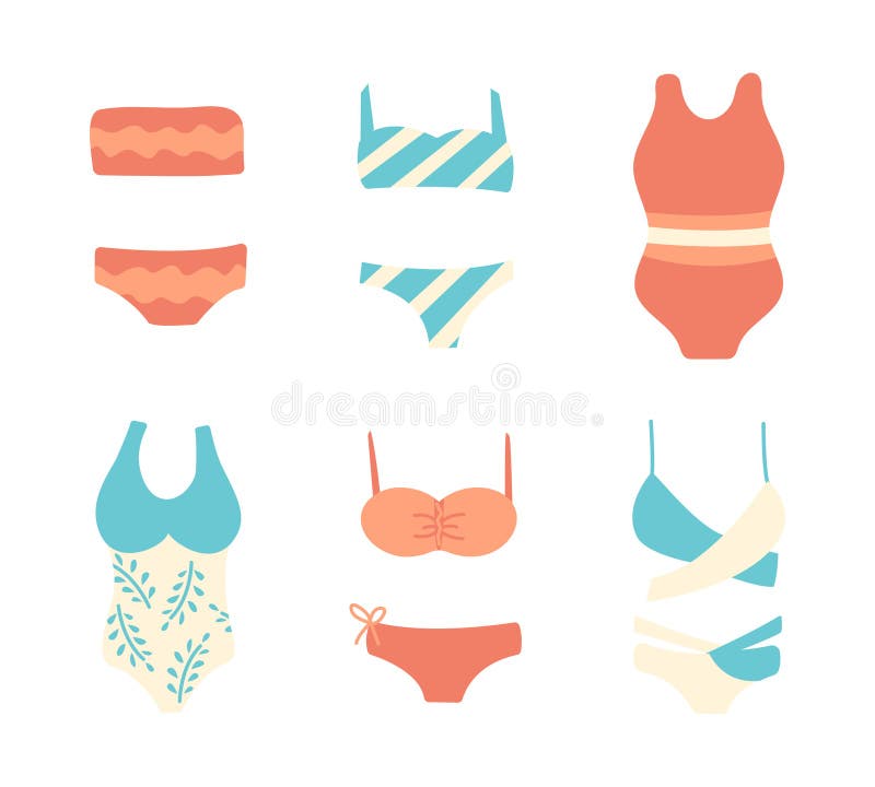 Set Of Women Swimming Trunks One Piece Two Piece Swimsuits And Bikinis Of Various Types Stock