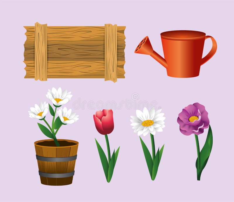 Set Wood Box with Roses and Flowers Plants Stock Vector - Illustration ...