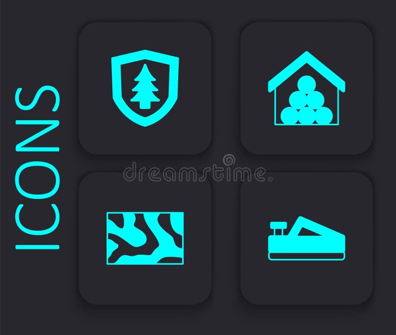 Set Wood Plane Tool, Shield with Tree, Wooden Logs and Beam Icon. Black ...