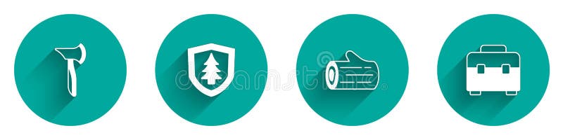Set Wooden Axe, Shield with Tree, Log and Toolbox Icon with Long Shadow ...