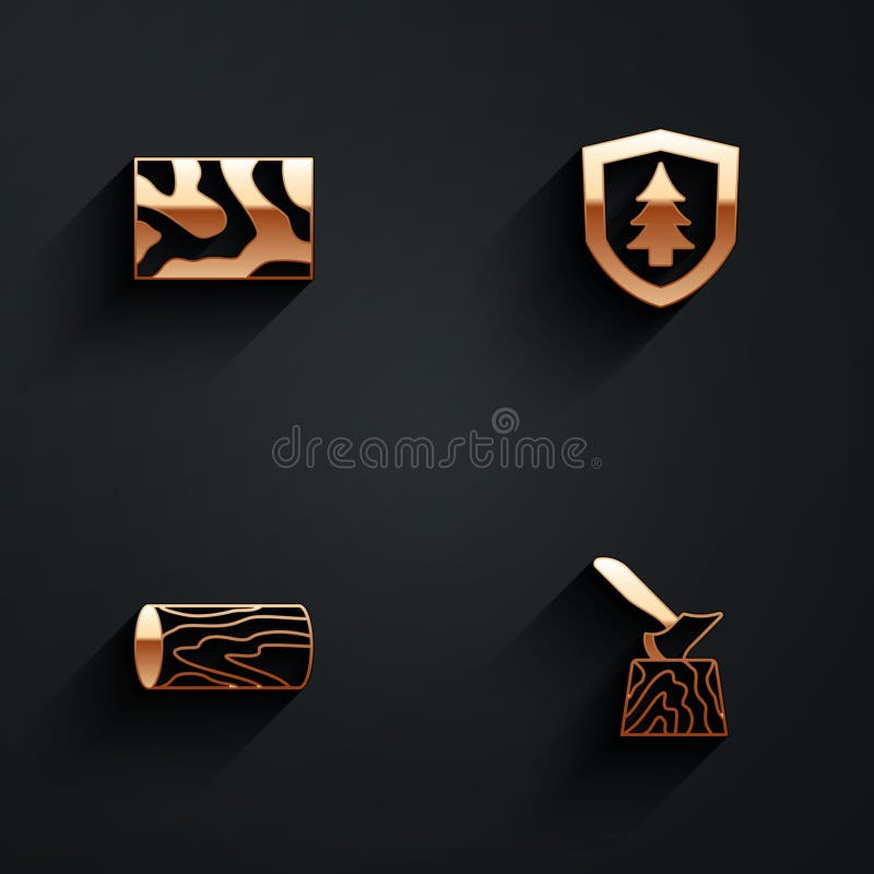 Set Wooden Beam, Shield with Tree, Log and Axe in Stump Icon with Long ...