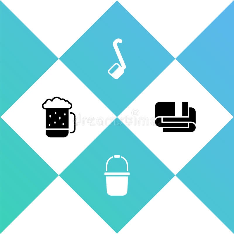Set Wooden Beer Mug, Sauna Bucket, Ladle and Towel Stack Icon. Vector ...