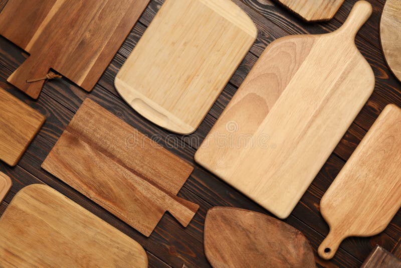 Set of Wooden Boards on Table, Flat Lay. Cooking Utensils Stock Photo ...